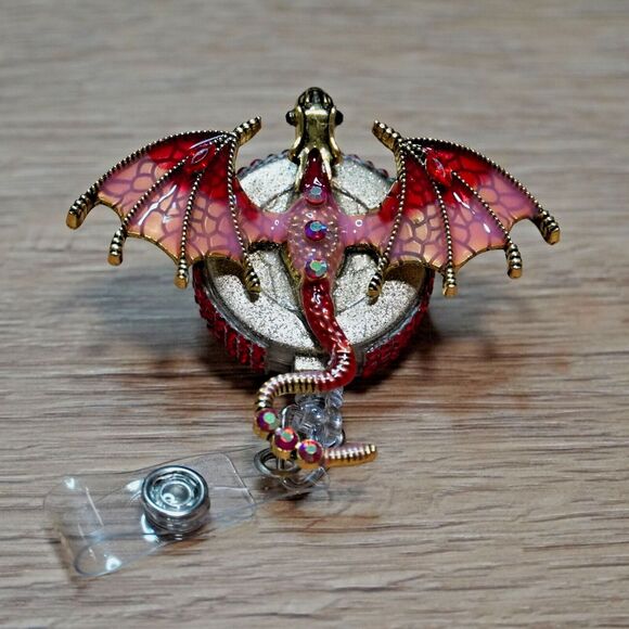 Hand Crafted | Accessories | Red Dragon Id Name Card Key Tag Badge Reel ...